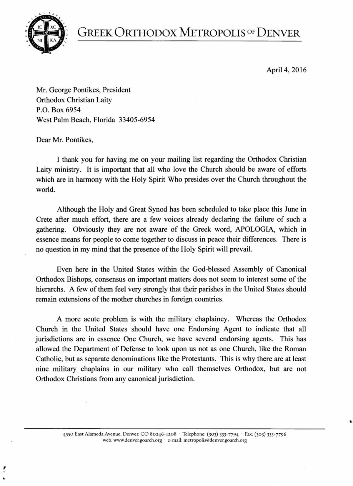 Unity of the Body of Christ: Letter to OCL President George Pontikes ...